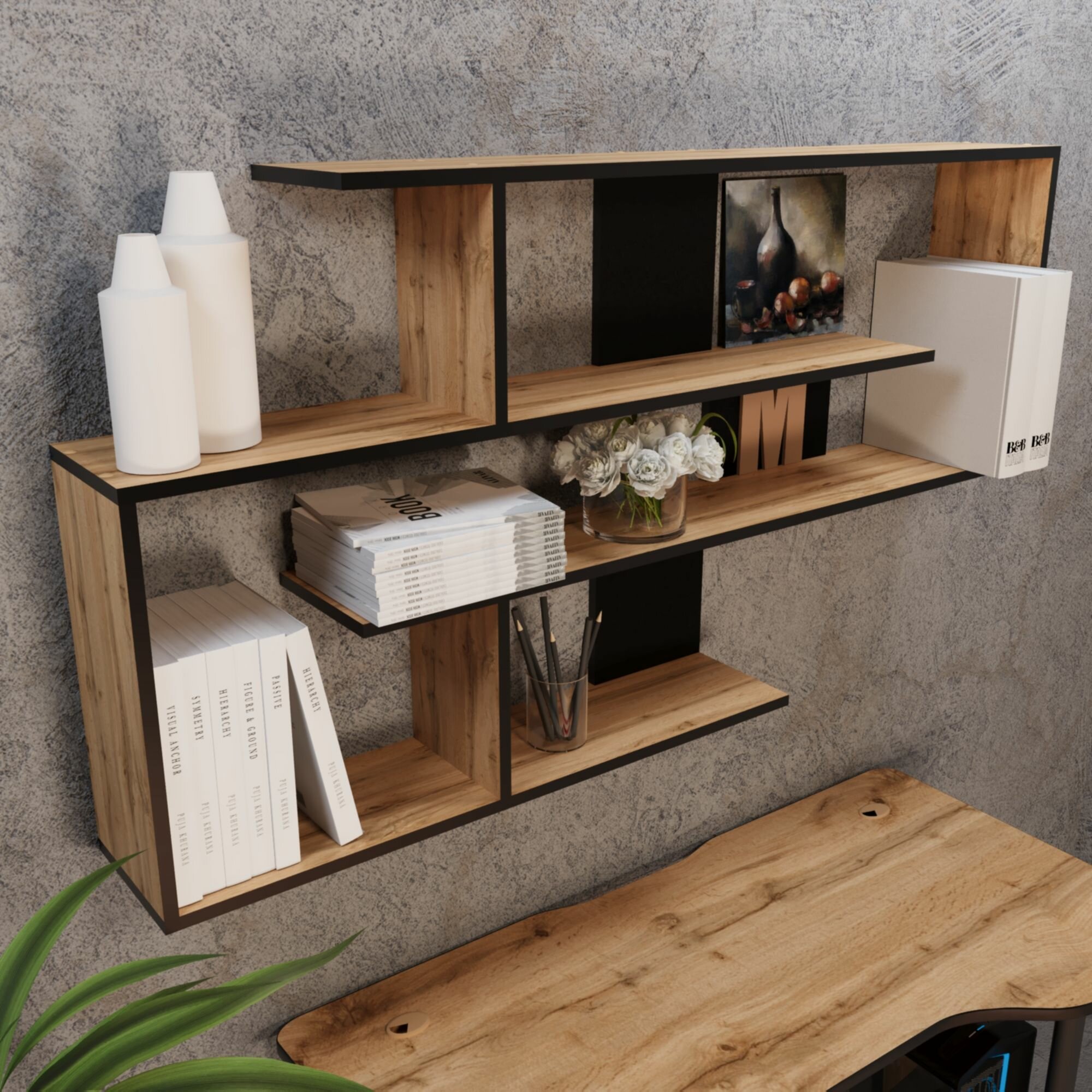 Полка настенная Горка, дуб вотан с чёрной кромкой