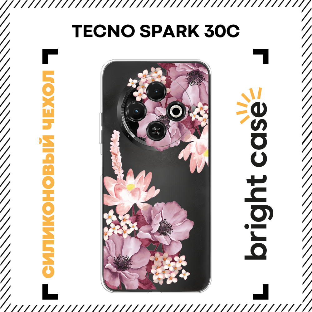 Чехол на Tecno Spark 30C / Текно Спарк 30C с принтом Розовые анемоны, прозрачный