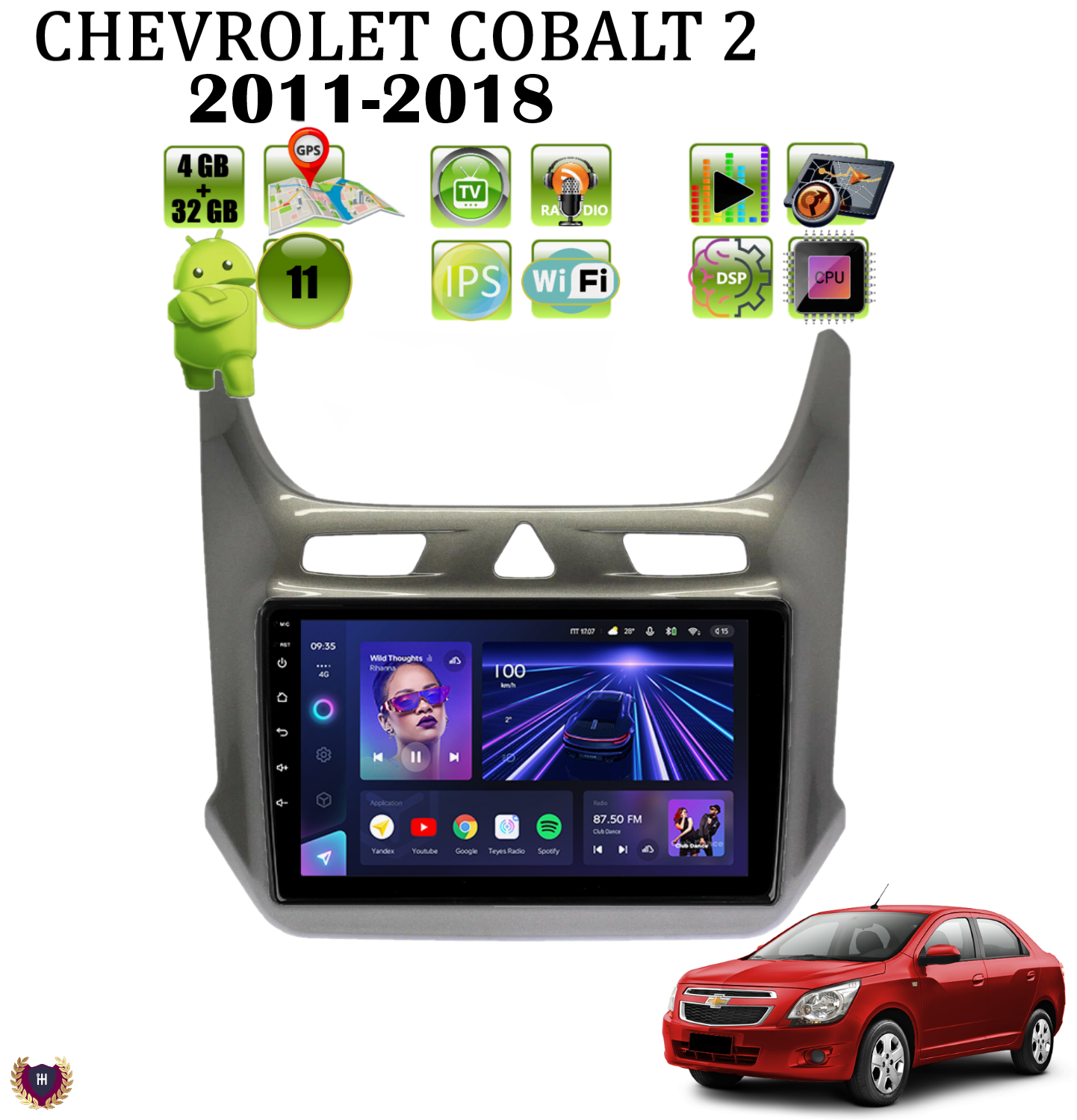 Автомагнитола для Chevrolet Cobalt 2 (2011-2018) , Android 11, 4/32 GB, CarPlay, GPS, Bluetooth, WiFi, IPS экран, сенсорные кнопки, поддержка кнопок на руле