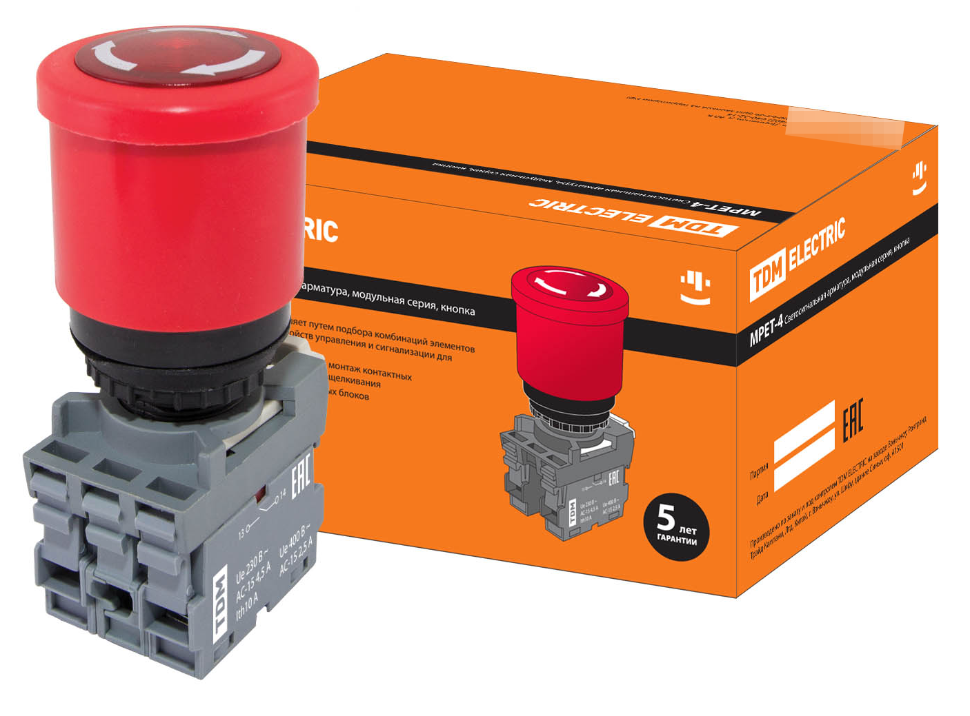 Кнопка управления TDM Electric / ТДМ Электрик MPET4-10R грибок, возвратная с поворотом, красная, 1з+1р 220В IP40, под отверстие диаметром 40мм, SQ0747-0030 / кнопочный пост