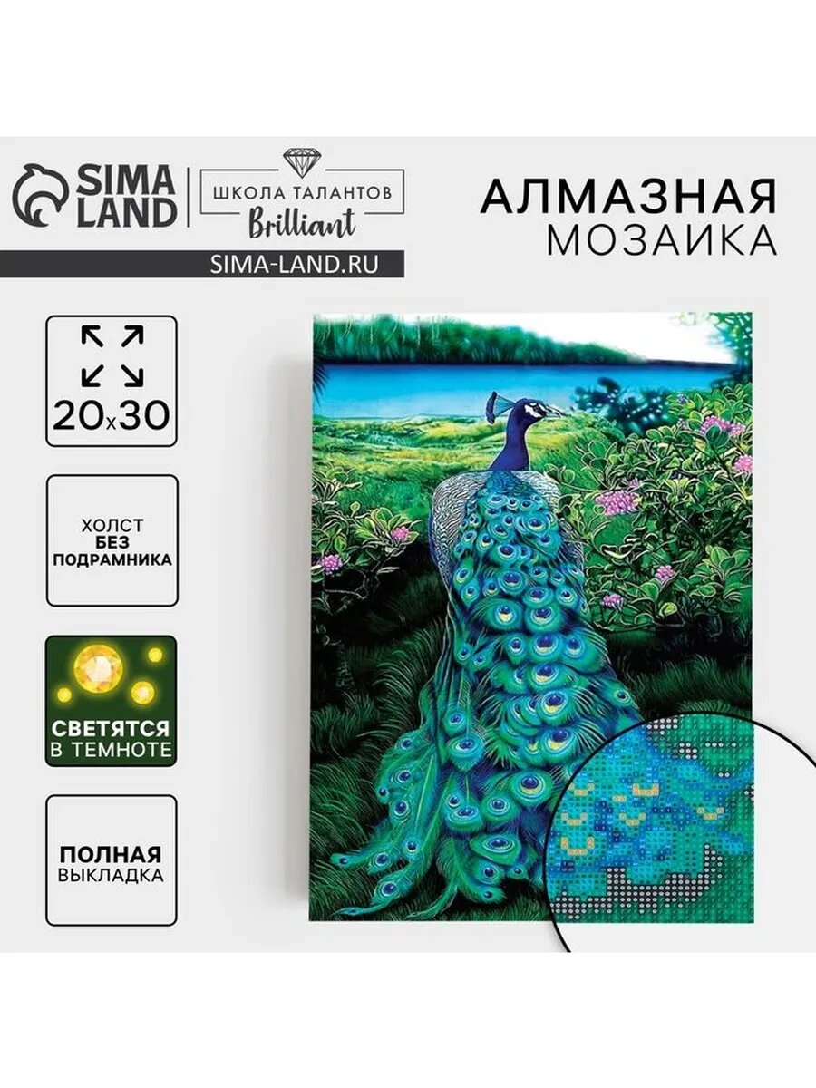 Алмазная мозаика со светящимися стразами на холсте «Павлин»