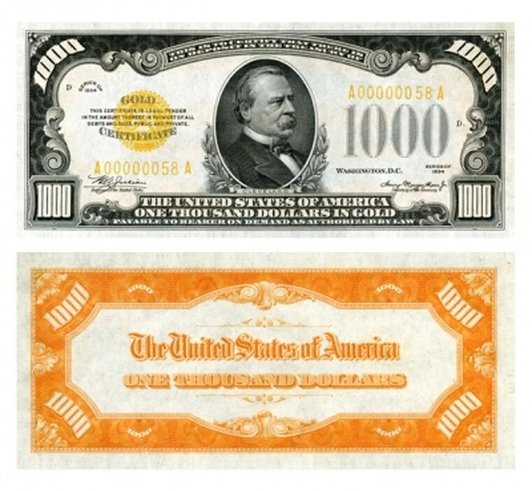 1000 долларов 1934 золотой сертификат США, сувенирная копия, банкноты и купюры редкие коллекционные