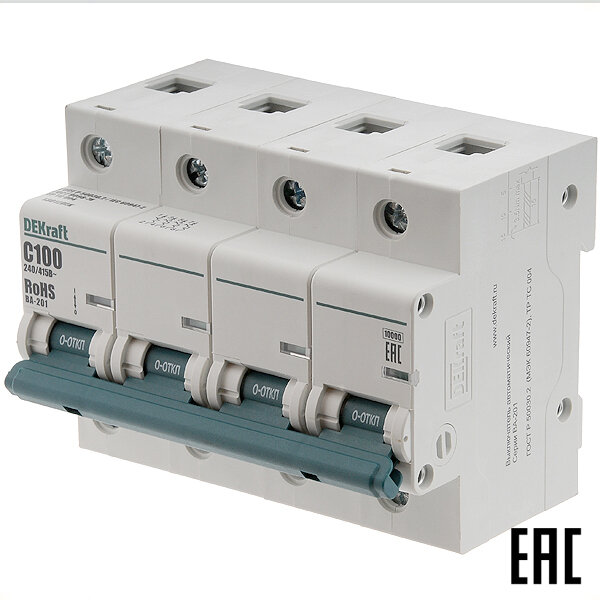 Автоматический выключатель на Din-рейку DEKraft ВА201-4P-100А-C 13012DEK C100А/4п/ 10 кА