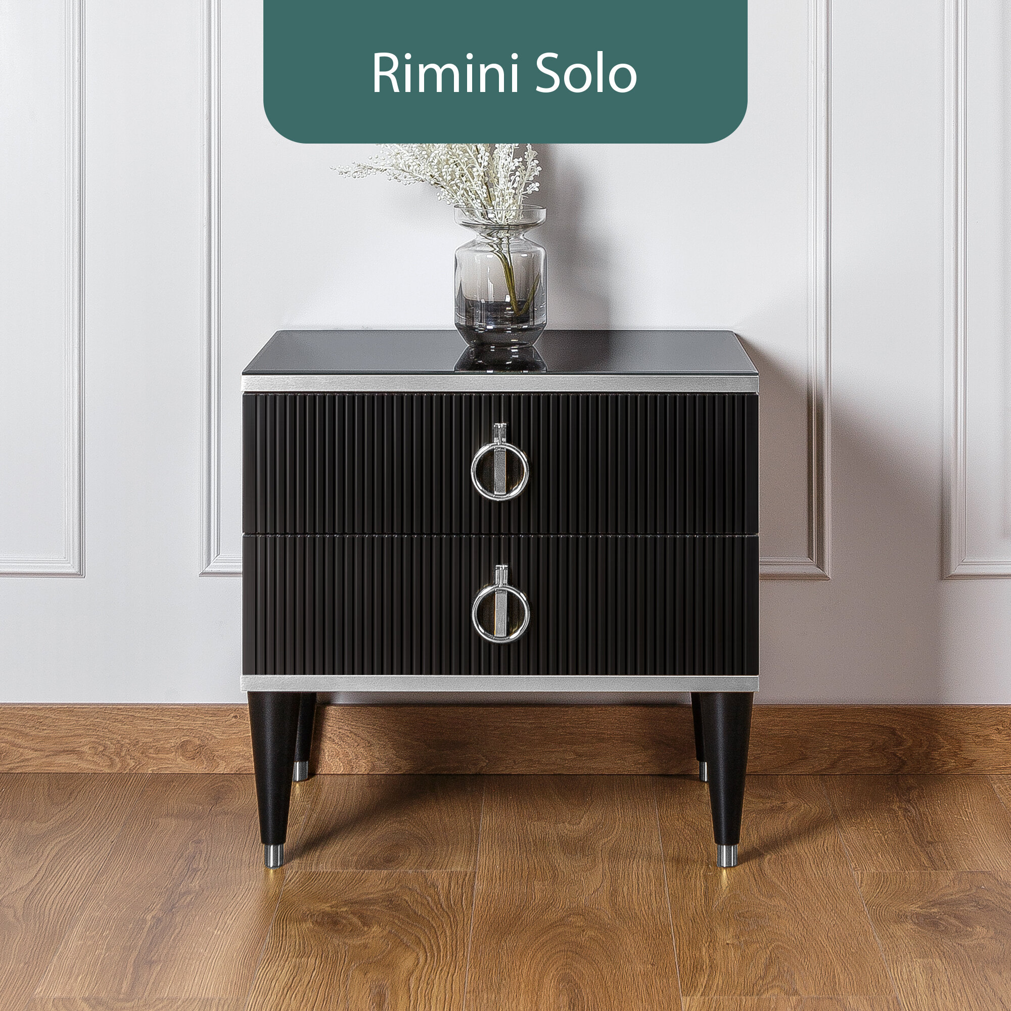 Тумба прикроватная 2 ящика Rimini Solo. Черный/серебро