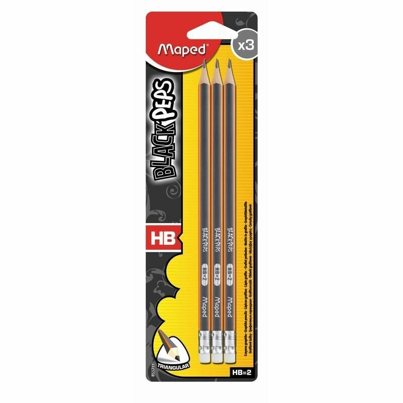 Карандаши Maped "Black Pep's", чернографитные треугольные, НВ, с ластиком, 3 шт (851711)