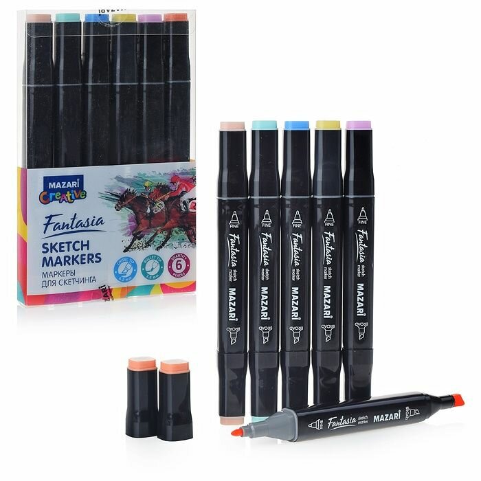 Маркеры для скетчинга Mazari двусторонние Fantasia, 6 цветов, Pastel colors 2, пастельные цвета 2 (M-15004-6)