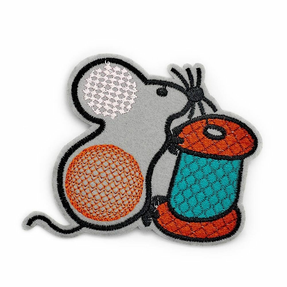 Термоаппликация айрис вышитая Мышка с катушкой 7х7,5 см 2 шт серый, розовый, оранжевый (15833)