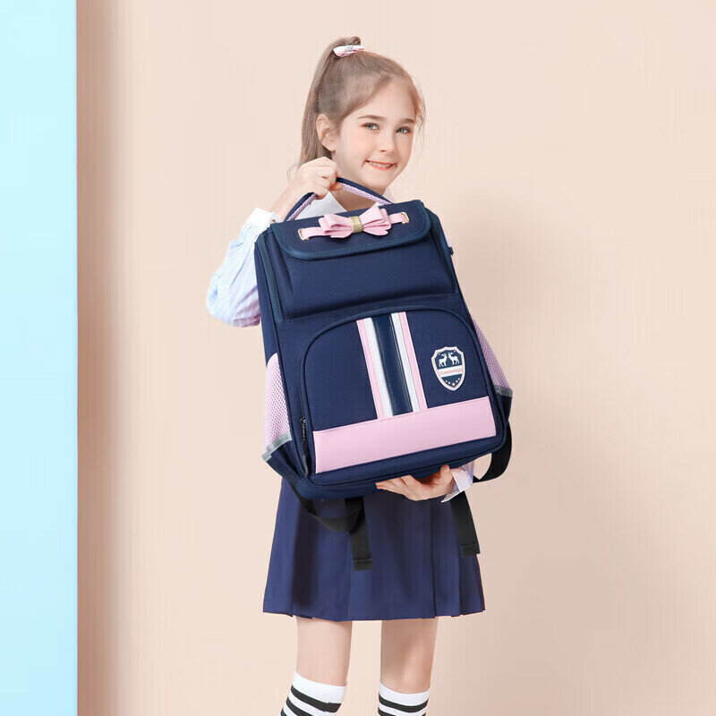 V.NINE Schoolbag for Primary School Boys And Girls, Spine-Protecting And Load-Reducing Children's Backpack for Grades 1-3 Butterfly Bow Double Shoulder Schoolbag Large Capacity Lightweight Children's School Bag Blue with Pink