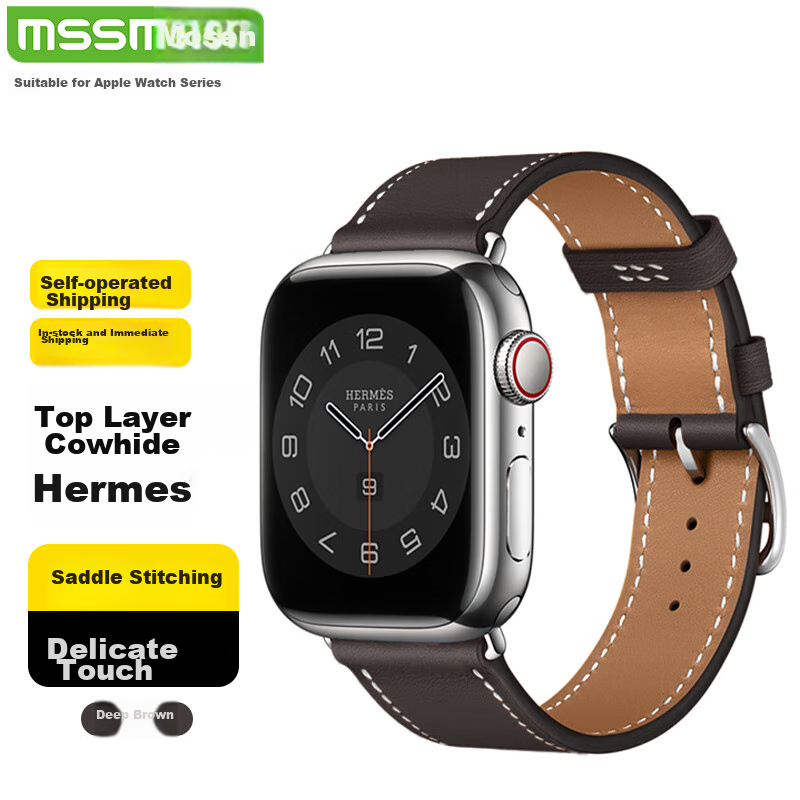 MSSM Подходит для Apple Watch Band, Apple IWatch Hermes Style Swift Коровья кожа подлинной кожи, Ультра / S10 / 9/8/7,