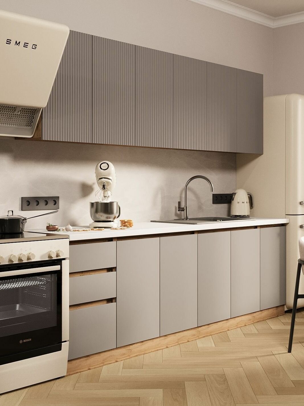 Кухонный гарнитур 2,4м Ника МДФ коричневый софт/бежевый софт без столешницы