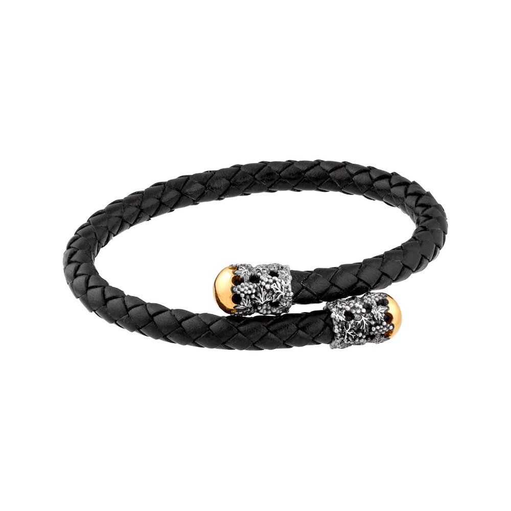 Браслет, серебро, 925 проба, золочение, чернение, кожа