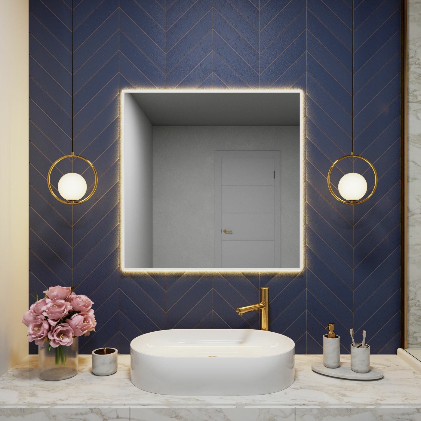 Зеркало настенное 80х80 см. BLX MIRROR с подсветкой в ванную в алюминиевой раме. Свет: Теплый белый 3000К, Белое