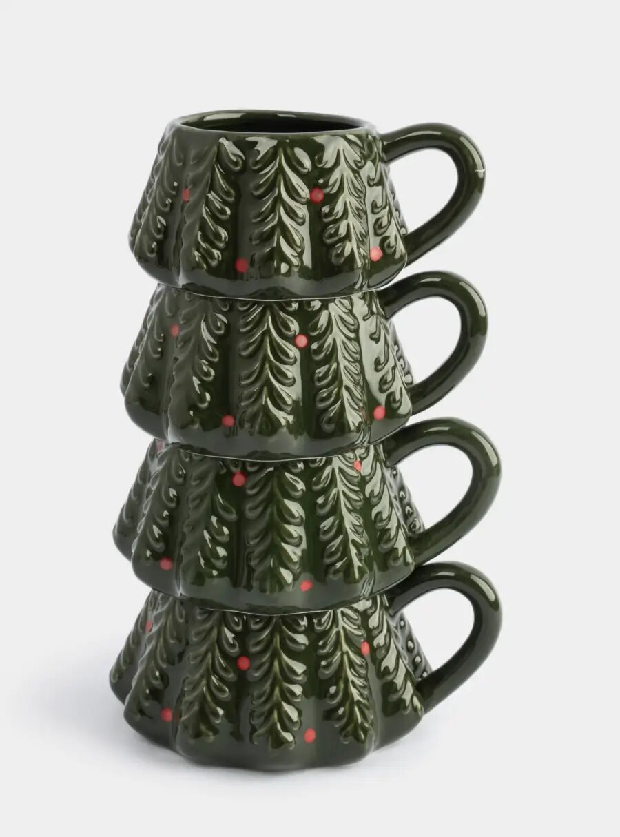Кружка, 4 шт, фарфор P, зеленая, Елка, Fir