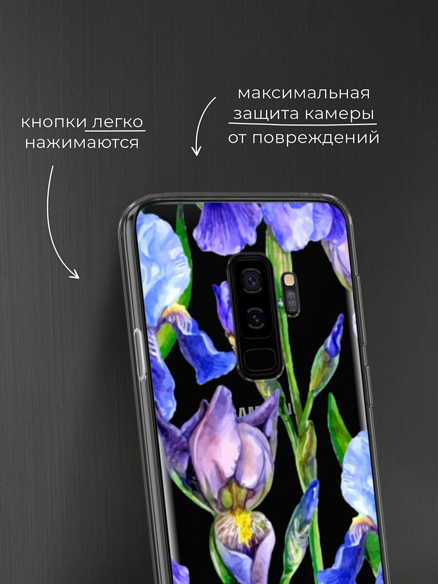 Чехол на Samsung Galaxy S9 + / Самсунг Галакси С9 Плюс с принтом "Синие ирисы", прозрачный — фото 1