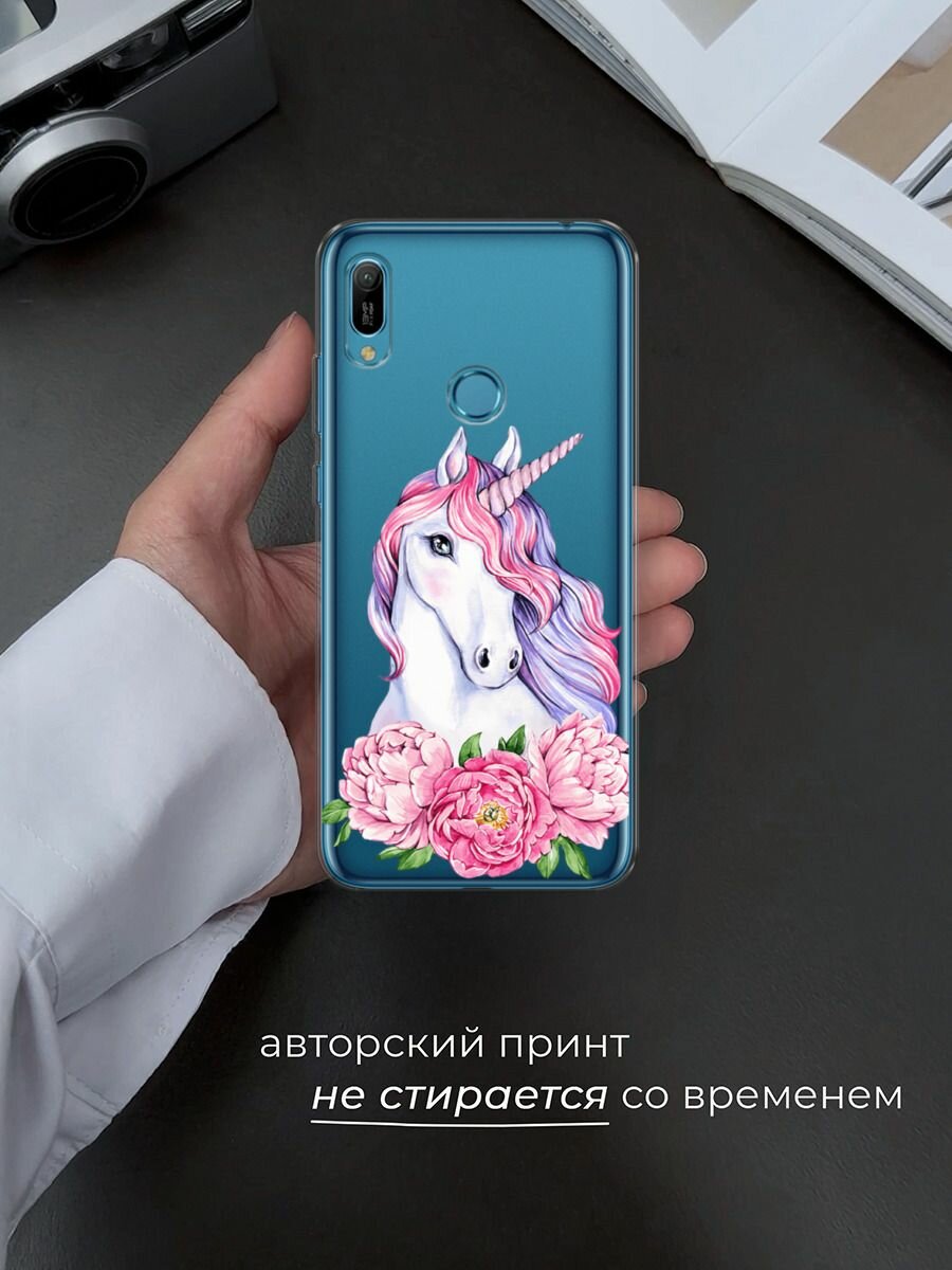 Чехол на Honor 8A/8A Pro/Huawei Y6s/Y6 2019 / Хонор 8А с принтом "Единорог с пионами", прозрачный — фото 1