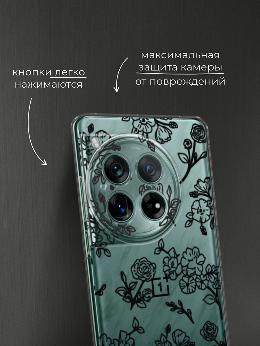 Чехол на OnePlus 12 / Ван Плас 12 с принтом "Черные розы паттерн", прозрачный — фото 1