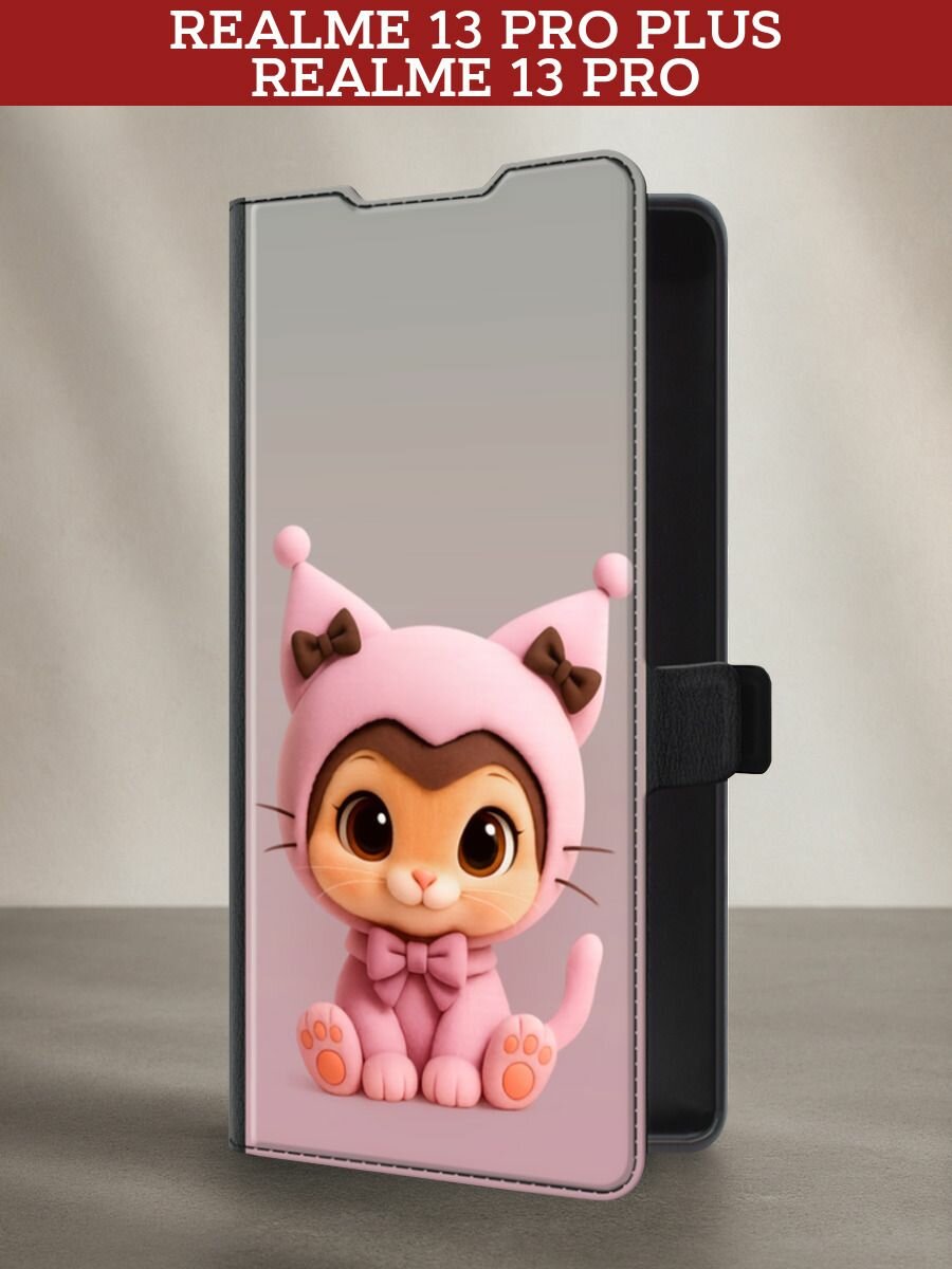 Чехол-книжка на Realme 13 Pro Plus/Realme 13 Pro / Реалми 13 Про Плюс/Реалми 13 Про с рисунком "Котик в пижаме"