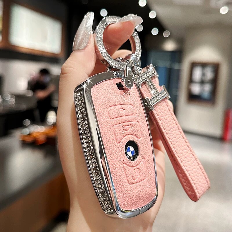 Ключевой чехол BMW с квадратным умным дизайном, розовый цвет, премиум аксессуар для ключей с серебристой белой застежкой