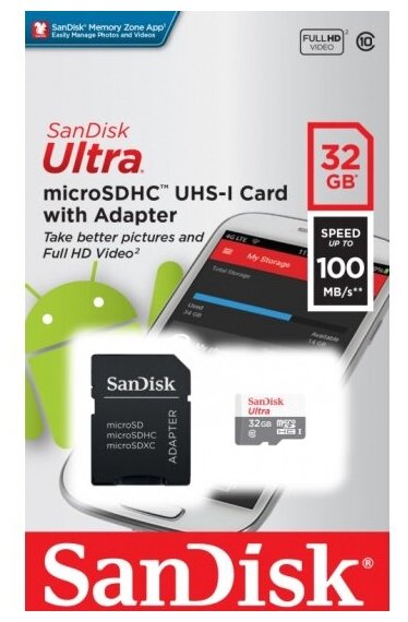 Карта памяти Sandisk micro SDHC 32Gb Ultra Class 10 UHS-I + ADP (100/10 MB/s)