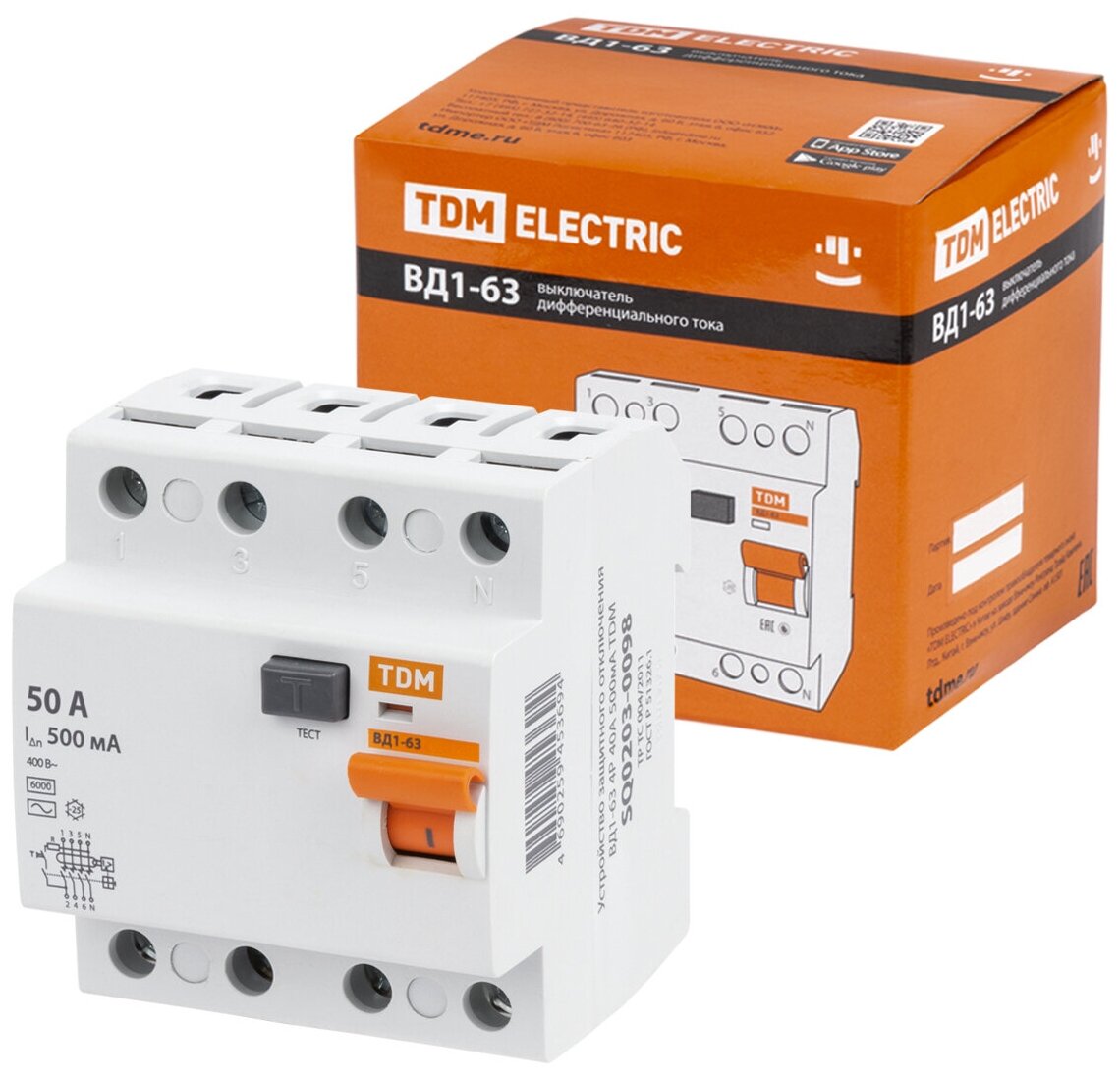 Устройство защитного отключения ВД1-63 4Р 50А 500мА TDM SQ0203-0099 (1 шт.)