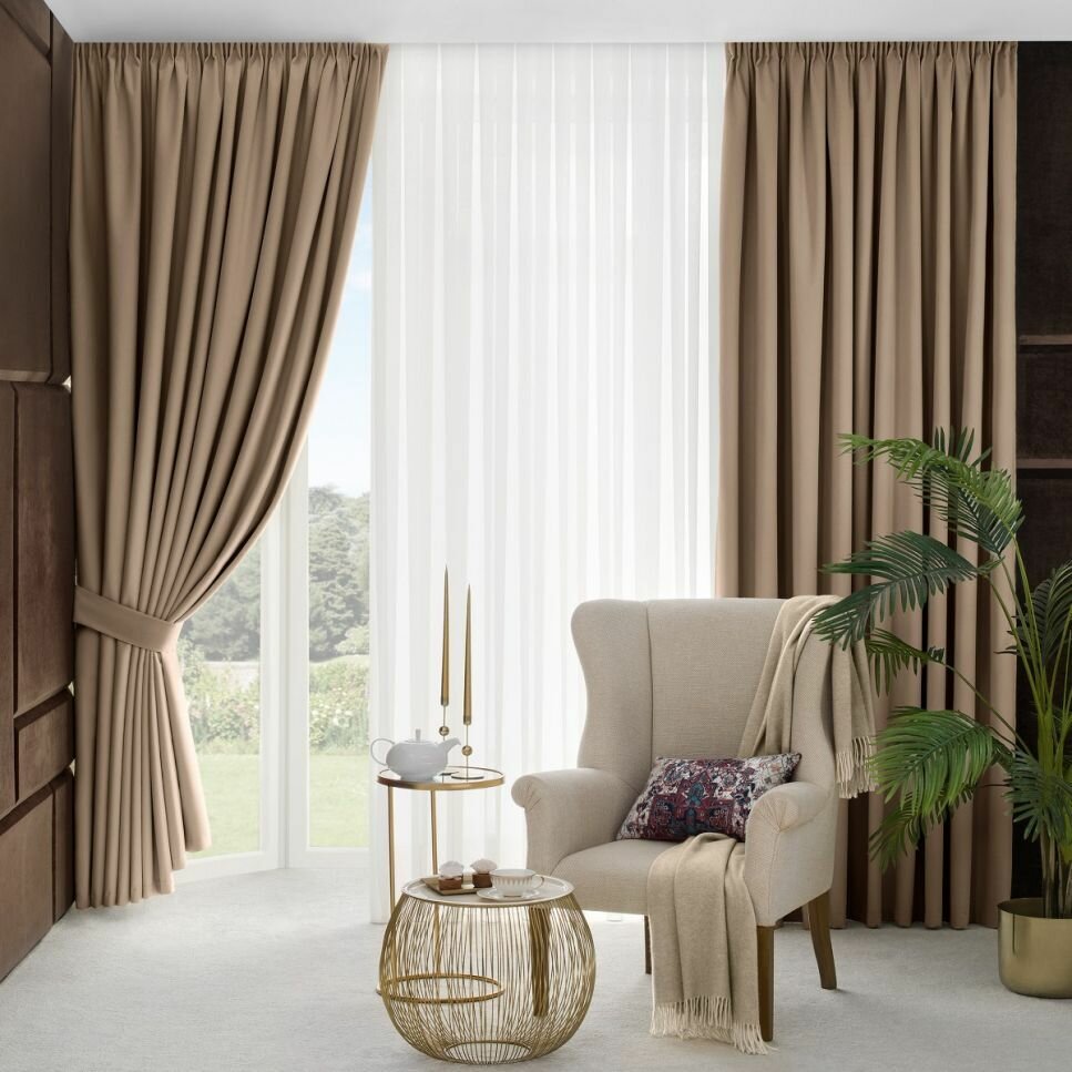 Togas Шторы для комнаты комплект с подхватами "Леграно" блэкаут, 300 высота на 260 ширина - 2 шт, подхваты - 2 шт, бежевые