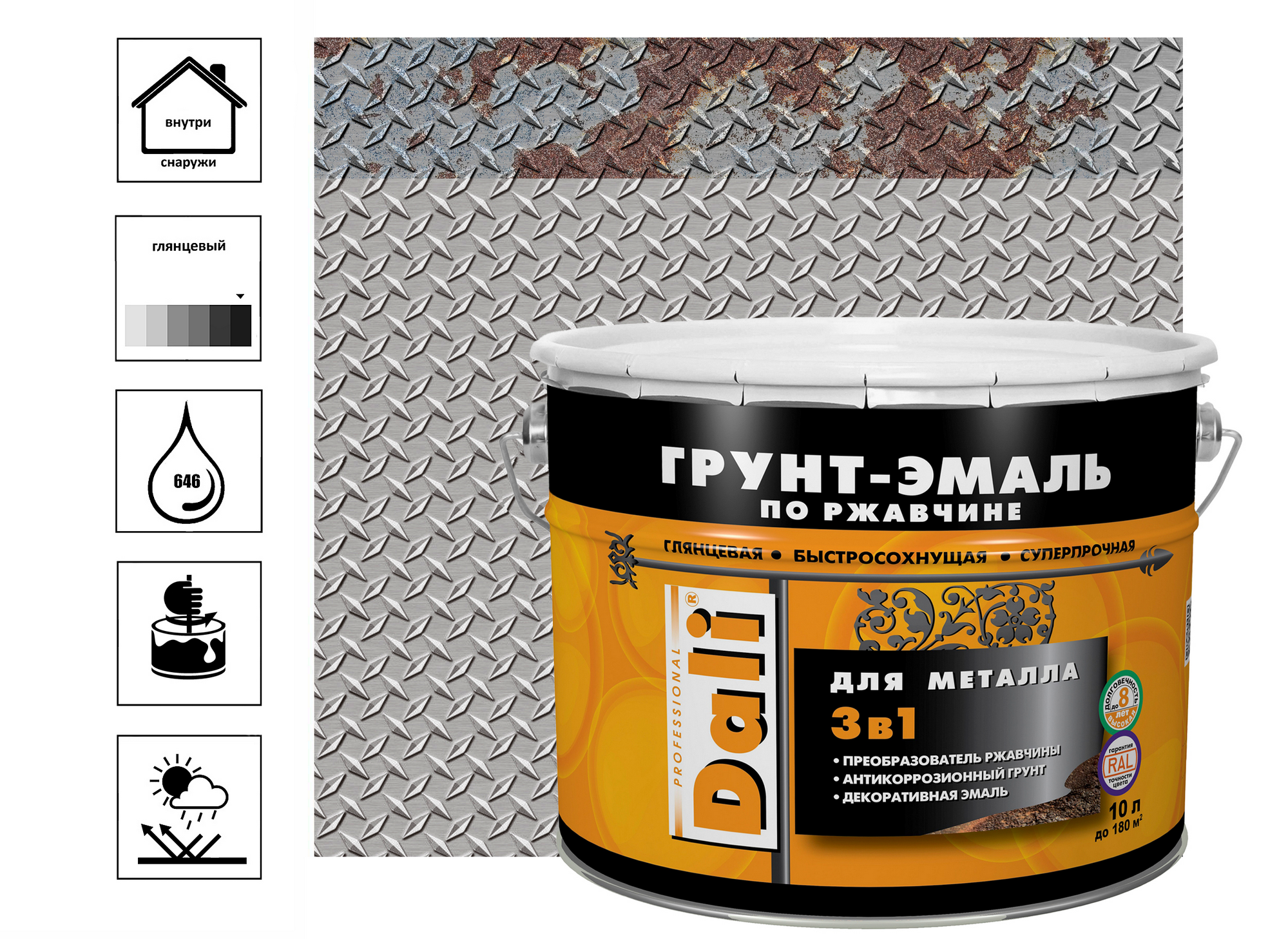 Грунт-эмаль DALI 20417, для металла, дерева, по ржавчине, серая, 10л