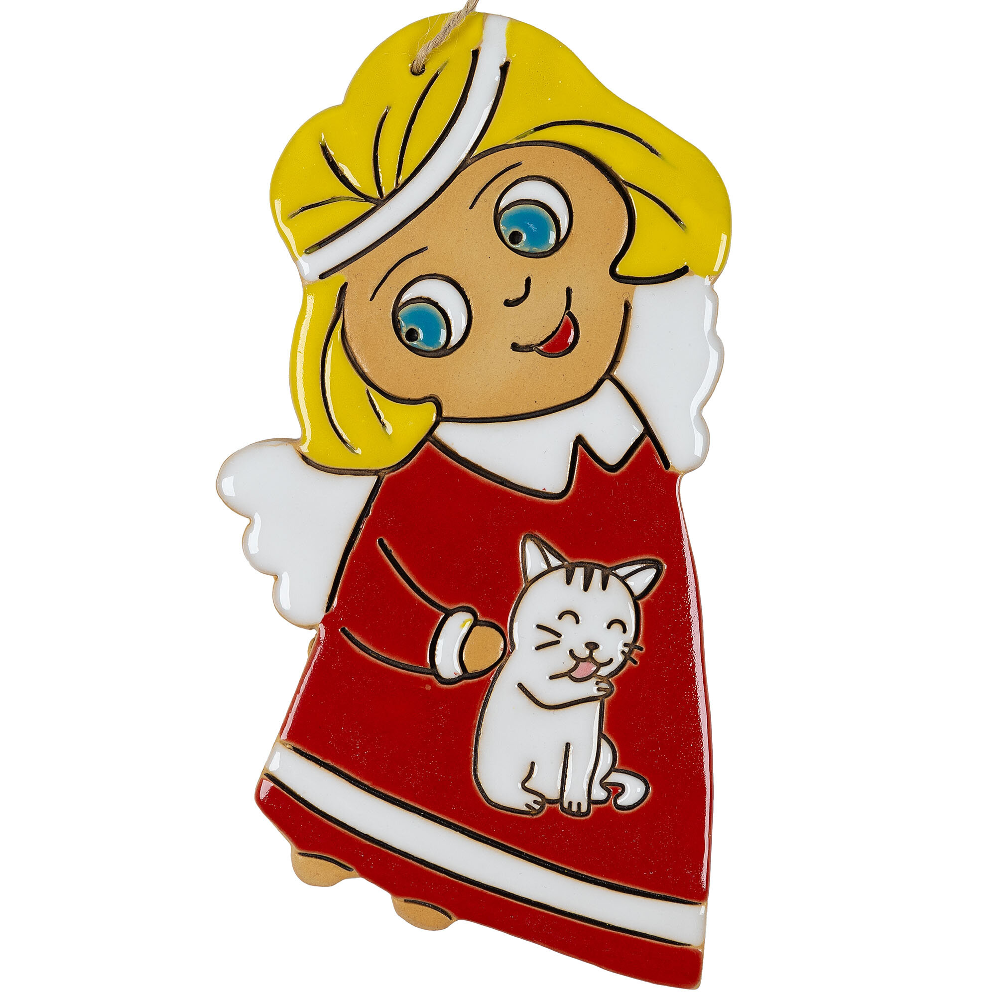 Панно декоративное Ангел с умывающимся котиком в красном платье керамическое авторской ручной работы