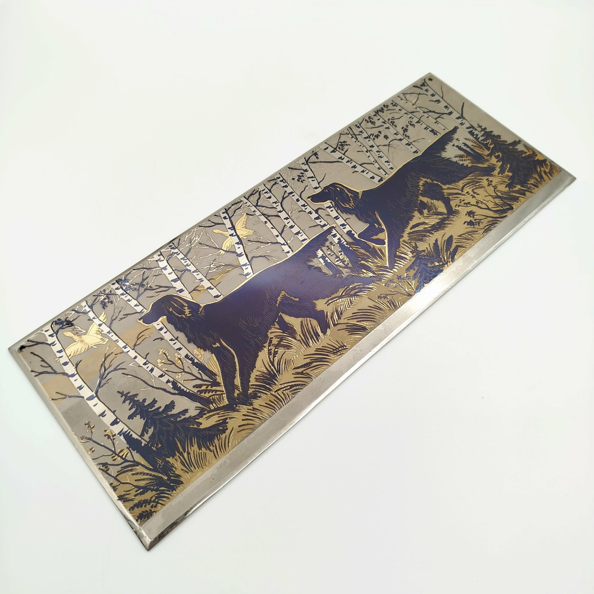 Панно настенное "Охота" с изображением собак, сталь, гравирование, травление