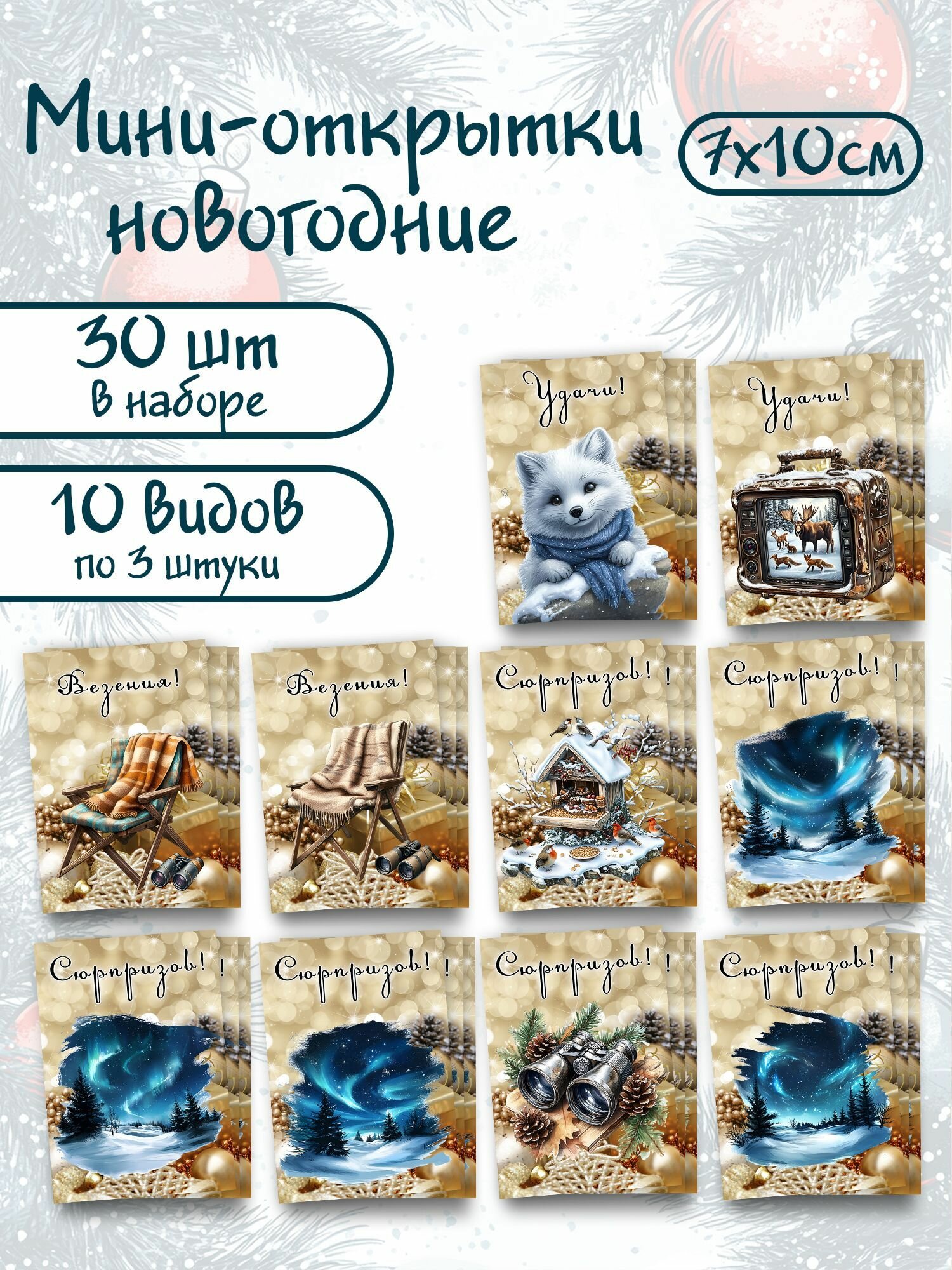 Набор мини открыток PrintMania "Новый год / Новогодние", 7x10см, 30шт