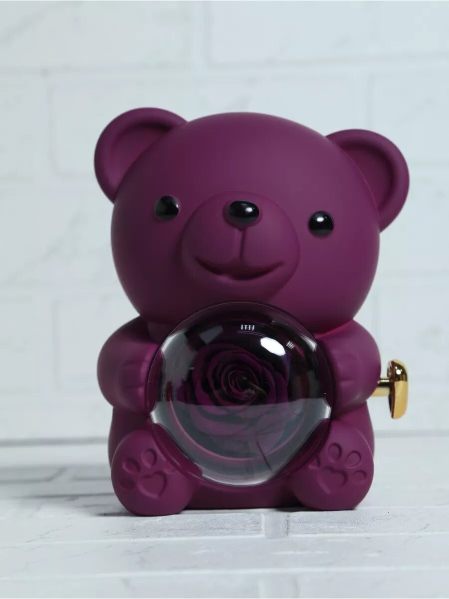 Вращающаяся шкатулка-медведь с розой в колбе