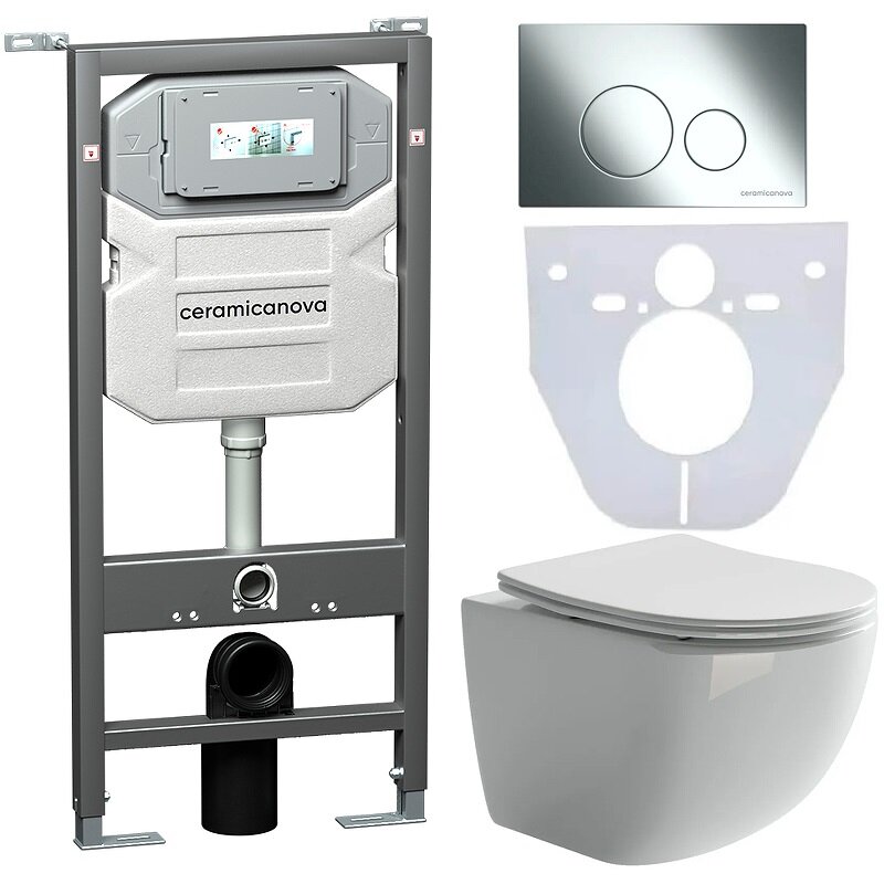 Комплект инсталляции 4 в 1 Ceramicanova (Керамиканова) Подвесной унитаз Forma Rimless арт. CN3009 + Шумоизоляционная панель для инсталляции арт. CN1000 + Система инсталляции для унитазов CERAMICANOVA Envision с кнопкой смыва Round цвет хром и креплениями,