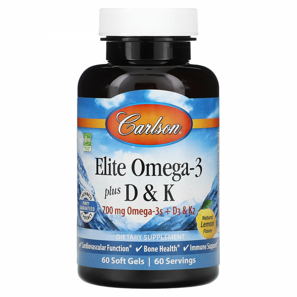 Carlson, Elite Omega-3 Plus D & K, натуральный лимонный вкус, 60 капсул
