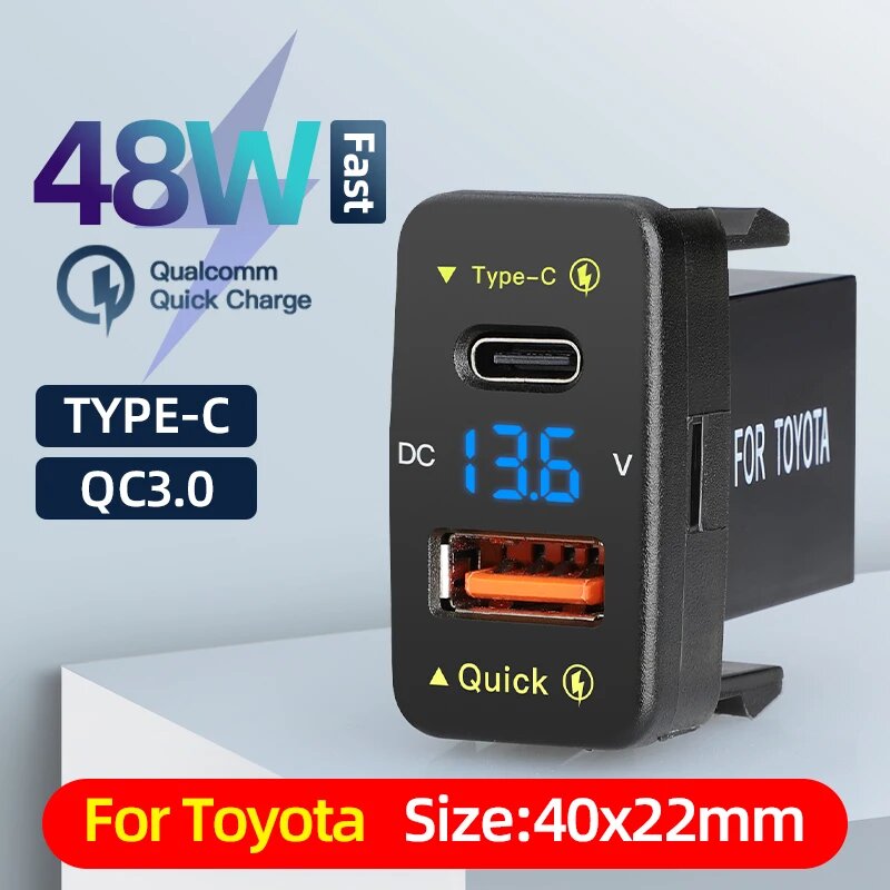 Автомобильное зарядное устройство Toyota, 48W USB Type-C QC3.0, синий