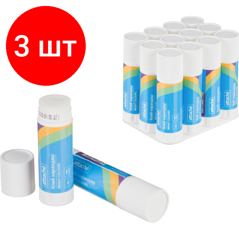 Комплект 3 штук, Клей-карандаш 40г Attache Bright colours, Чехия