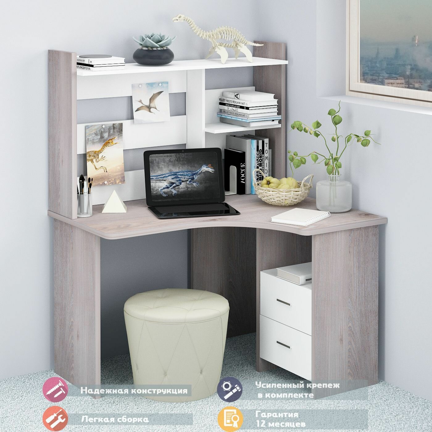 Стол Стол СКЛ-Угл120+НКЛ-120 НБЕ прав Нельсон/Белый с надстройкой