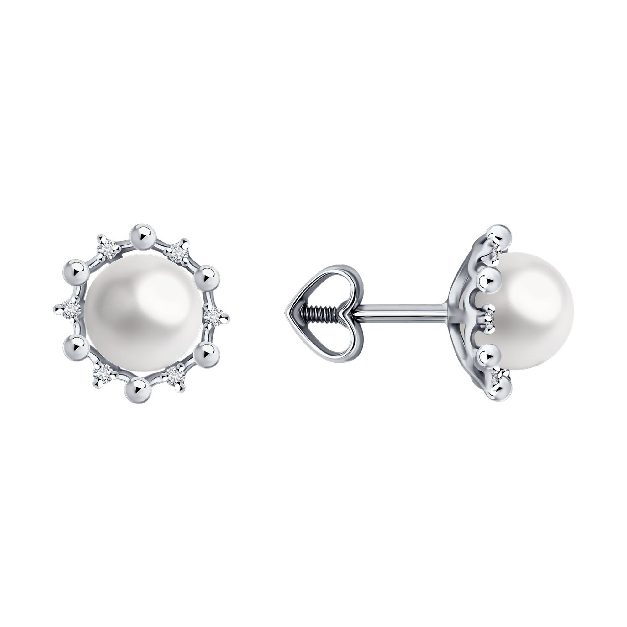 Серьги пусеты, белое золото, 585 проба, жемчуг, бриллиант