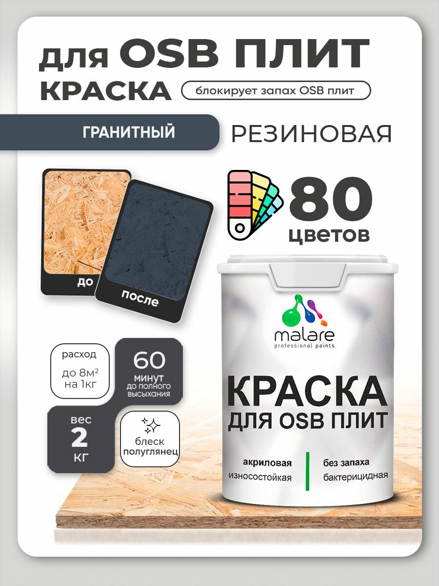 Резиновая краска для ОСБ плит Malare акриловая краска для дерева для наружных и внутренних работ, быстросохнущая без запаха полуглянцевая, гранитный, 2 кг