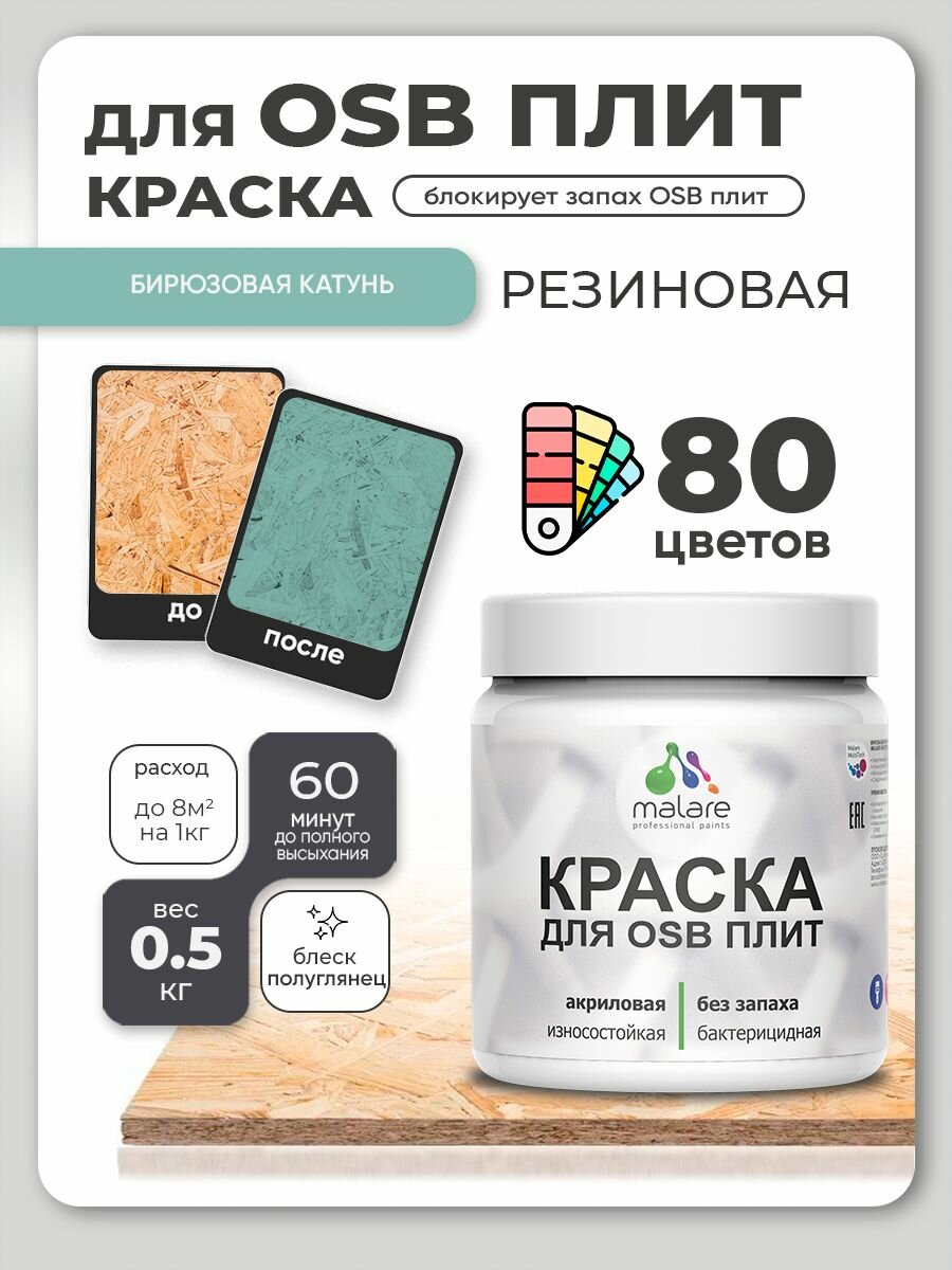 Резиновая краска для ОСБ плит Malare акриловая краска для дерева для наружных и внутренних работ, быстросохнущая без запаха полуглянцевая, бирюзовая катунь, 0.5 кг