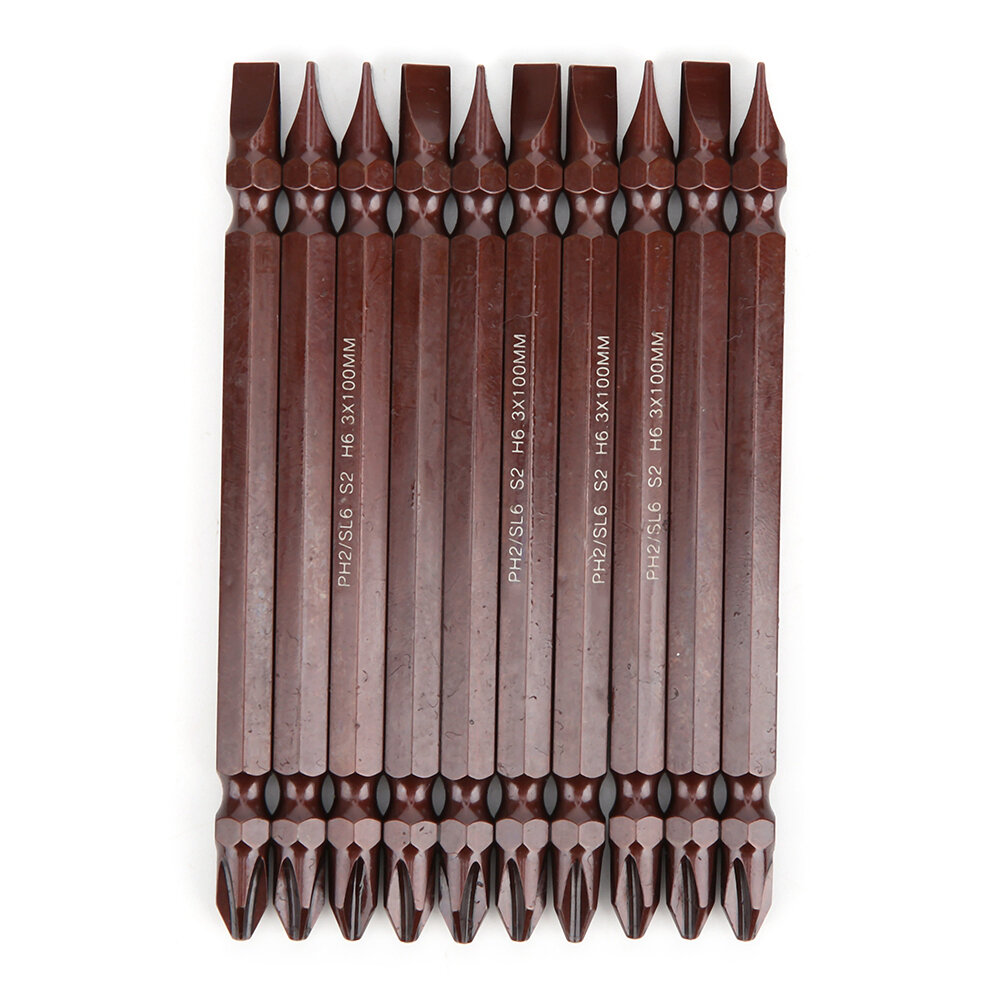 10 двухсторонних бит, магнитные S2 H6.3x100 мм, PH2/SL6