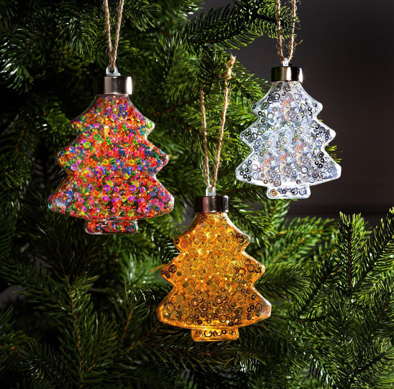 Набор ёлочных игрушек "Ёлочки" от батареек, новогодний интерьерный декор, световая фигура, украшение на Новый год, игрушка на ёлку, 3 шт, 1 LED фонарик, свечение тёплое белое, RGB, белое