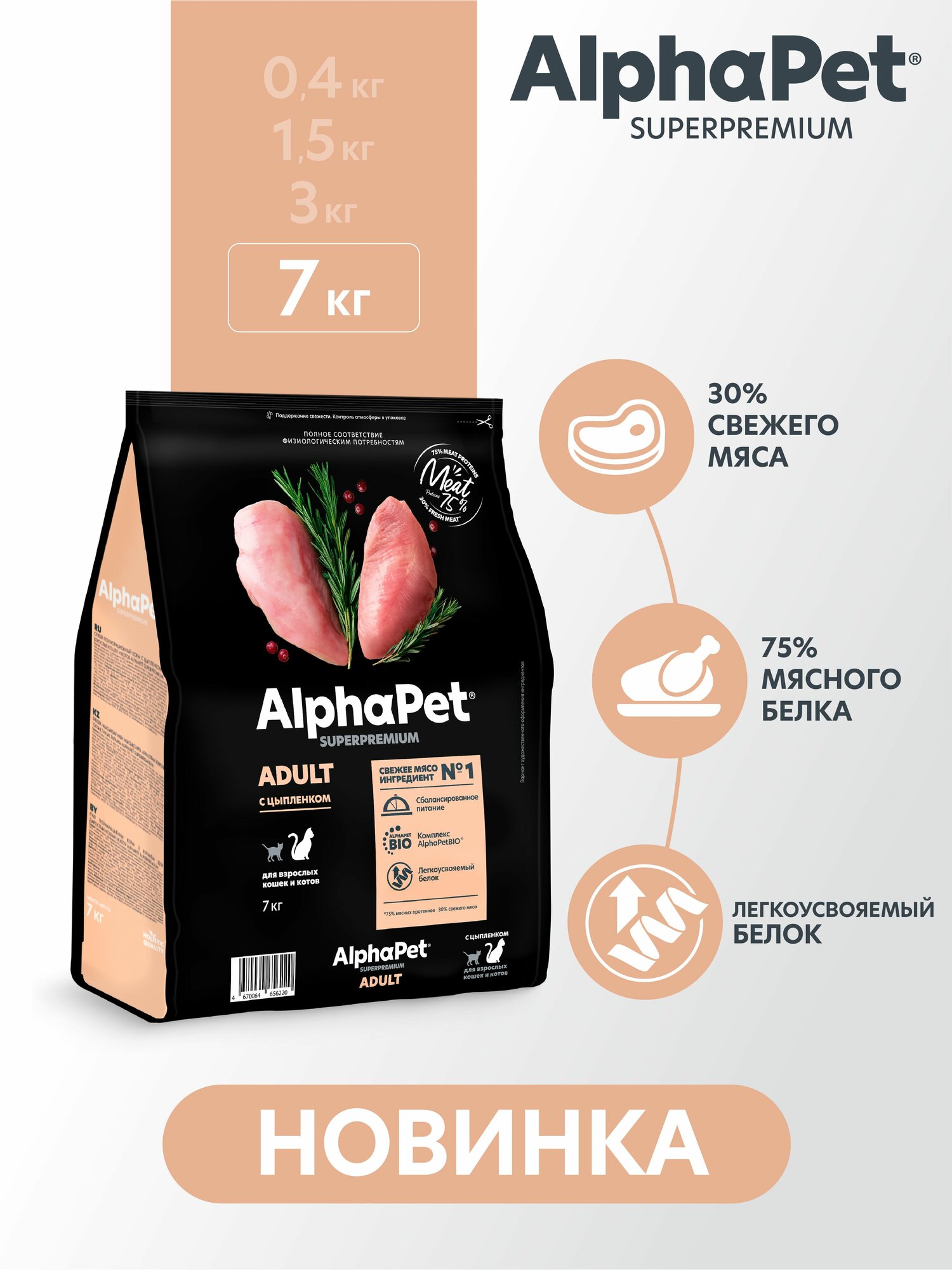 Сухой полнорационный корм с цыпленком для взрослых кошек и котов AlphaPet Superpremium 7 кг