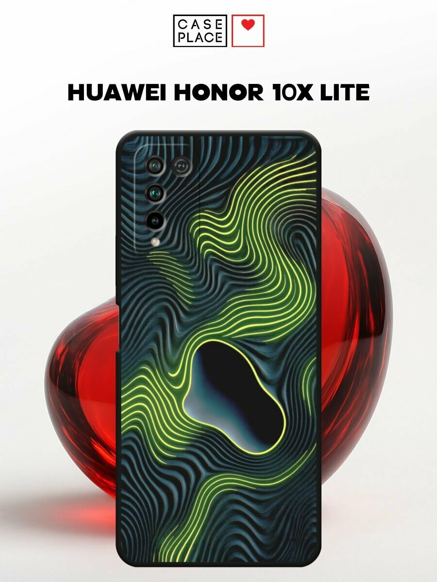 Черный матовый чехол на Honor 10X Lite / Хонор 10Х Лайт с принтом Волны с желтым отливом 2