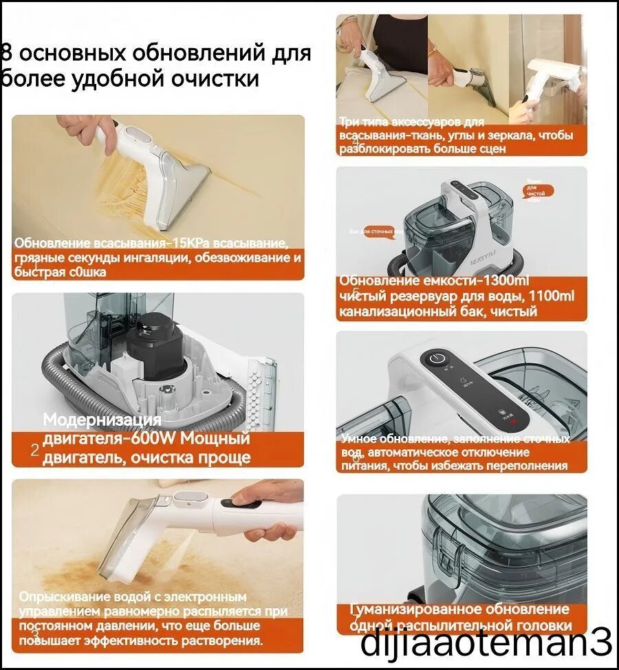 Тканевый пылесос 6358 для влажной и сухой уборки с 3 насадками, 600 Вт, 15000 Па, 1300 мл — фото 1