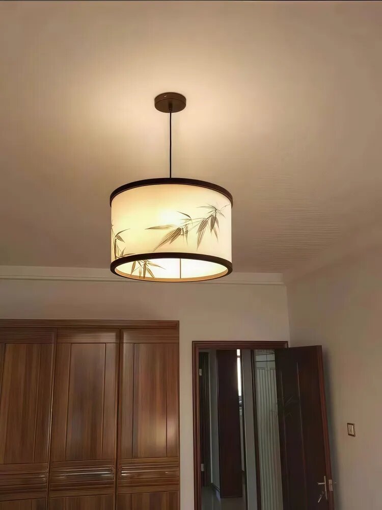 Подвесная люстра в японском стиле, LED, 20 Вт, диаметр 40 см, регулируемая высота до 100 см, натуральное дерево и ткань — фото 1