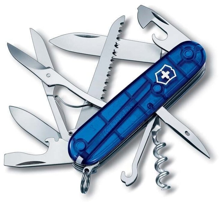 Нож перочинный VICTORINOX Huntsman, 91 мм, 15 функций, полупрозрачный синий