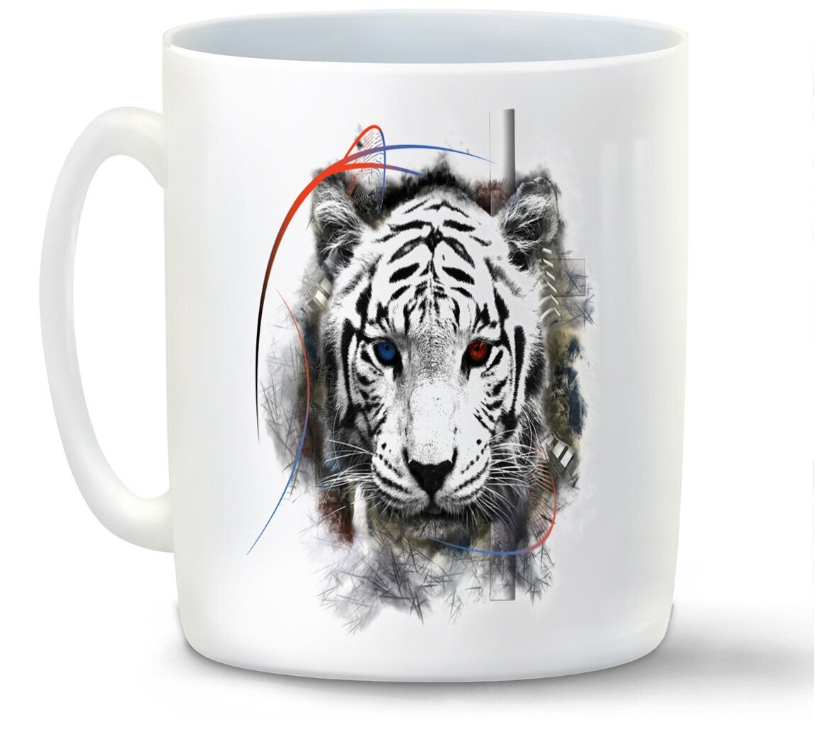 Кружка белая CoolPodarok Тигр красный и синий глаза