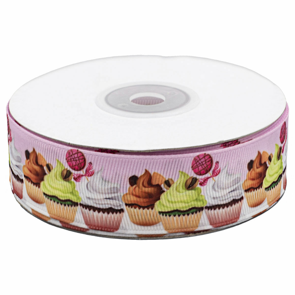 Лента репсовая, декоративная, упаковочная, с рисунком 'Пирожное', 2,5 см х 22,86 м