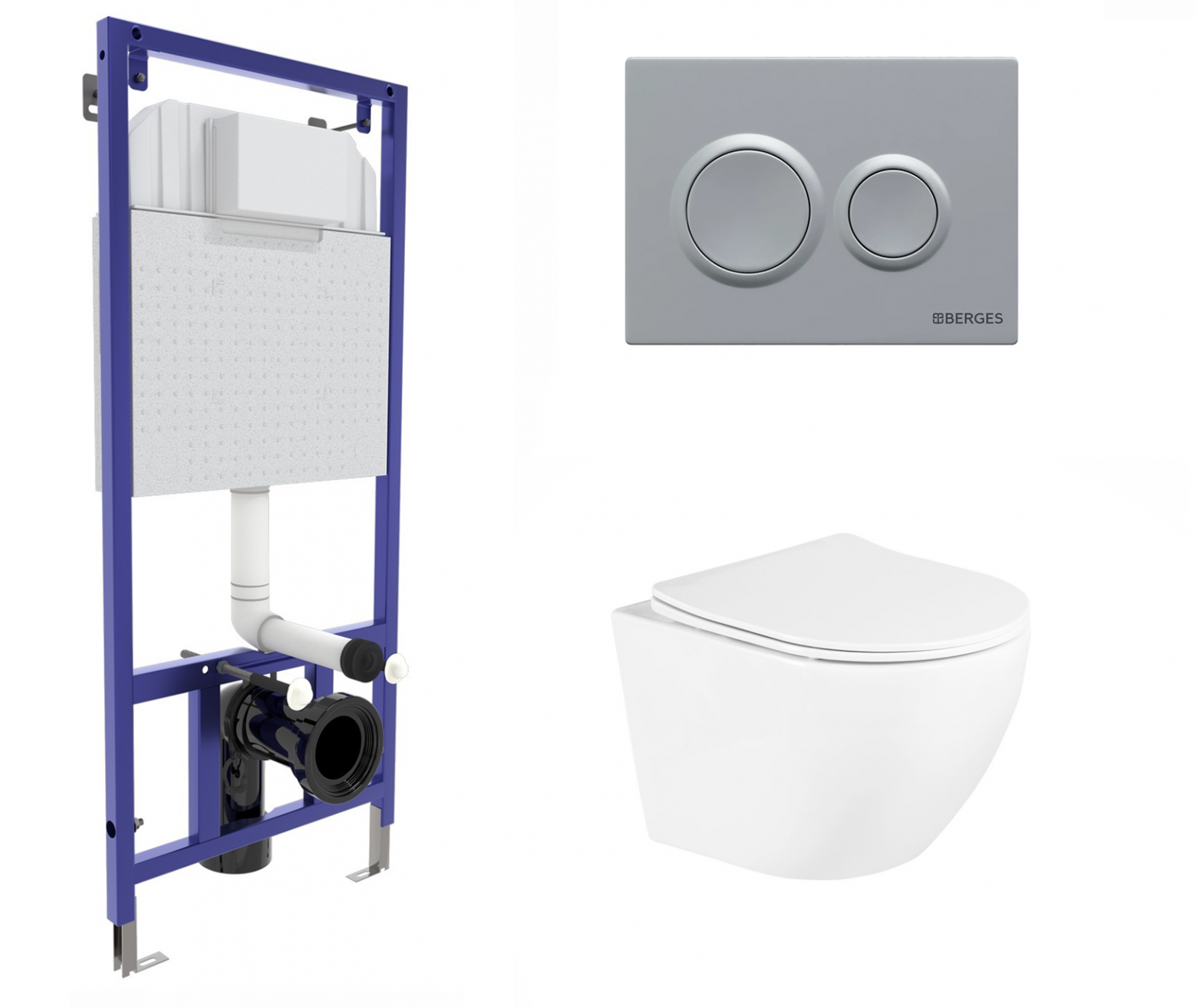 Комплект 3 в 1 инсталляция Berges Novum O2 + Унитаз подвесной BelBagno Uno BB3105CHR/SC с кнопкой матовой хром
