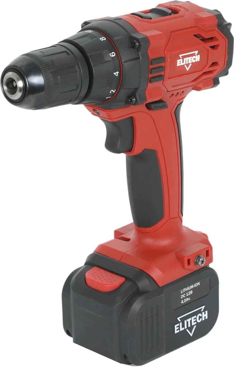 Дрель-шуруповерт аккумуляторная Elitech Е2201.004.02 ДА 12СЛ2 12В, 2акк*4.0Ач Li-ion, БЗП-10мм, 0-350\1350об\м, 25Нм, 1.1кг