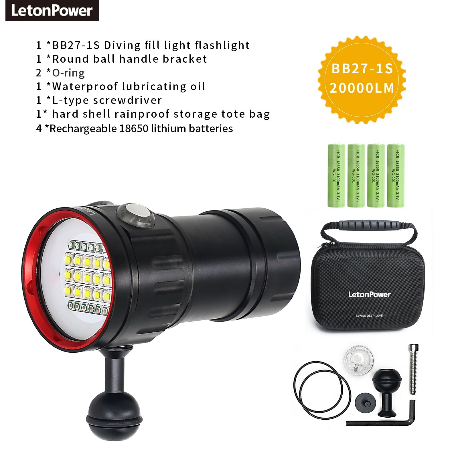 LetonPower светодиодный фонарь для дайвинга 20000 люмен 27-1s BT